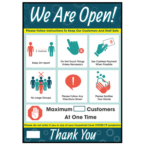 We Are Open Poster - Max Customers | Infection Control Essentials ...